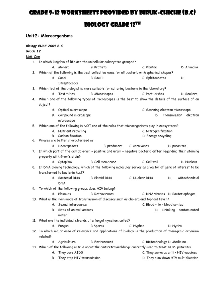 Biology Worksheet Grade 12 Unit 2 | PDF | Virus | Bacteria