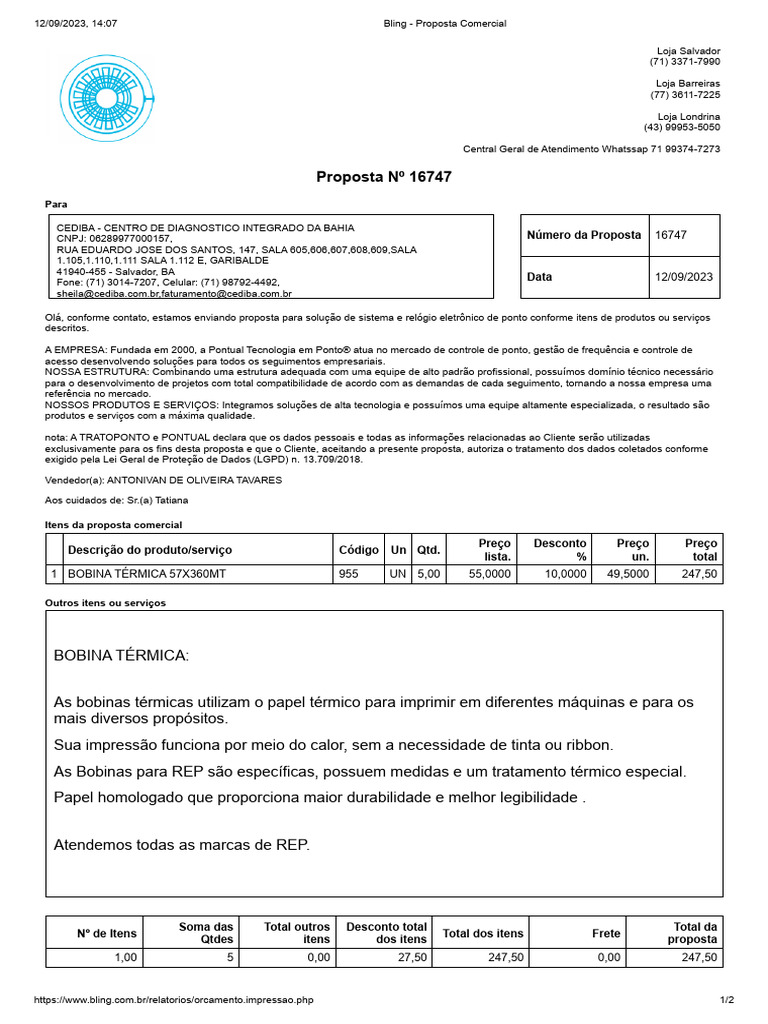 Proposta Bling 16747 - Cediba - Centro de Diagnostico Integrado Da ... Proposta Bling 16747 - Cediba - Centro de Diagnostico Integrado Da ...
