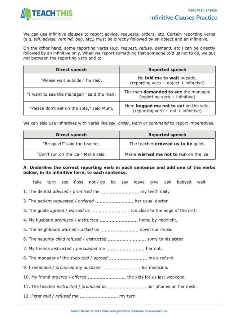 HOMEWORK Report Speech Present Simple - Infinitivo | PDF