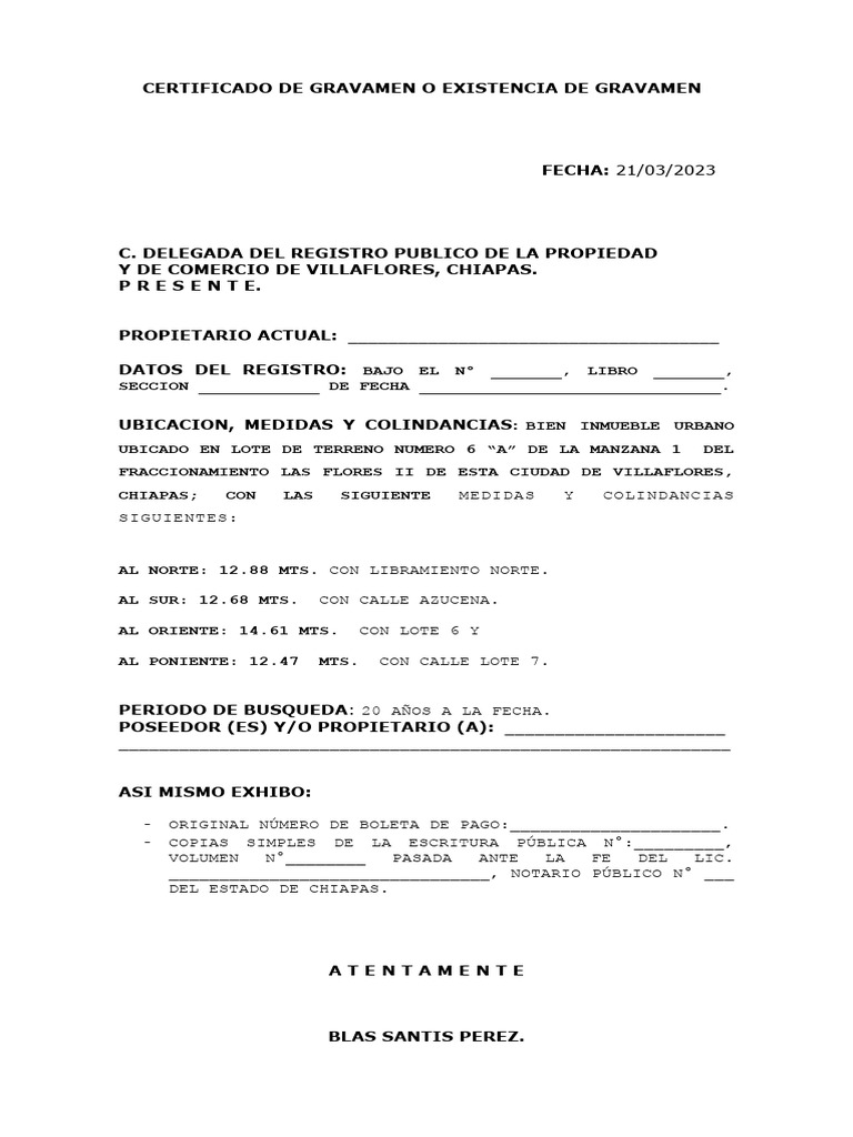 CERTIFICADO DE GRAVAMEN O EXISTENCIA DE GRAVAMEN - Docx VILLAFLORES | PDF