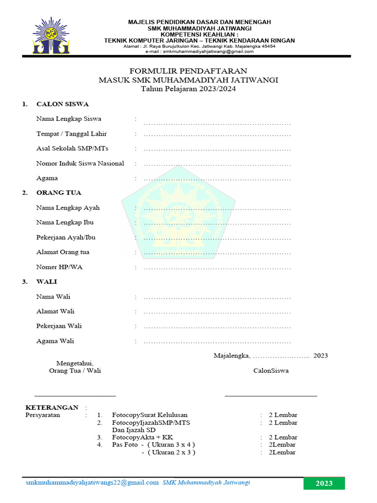 Formulir Pendaftaran SMK Muhammadiyah | PDF