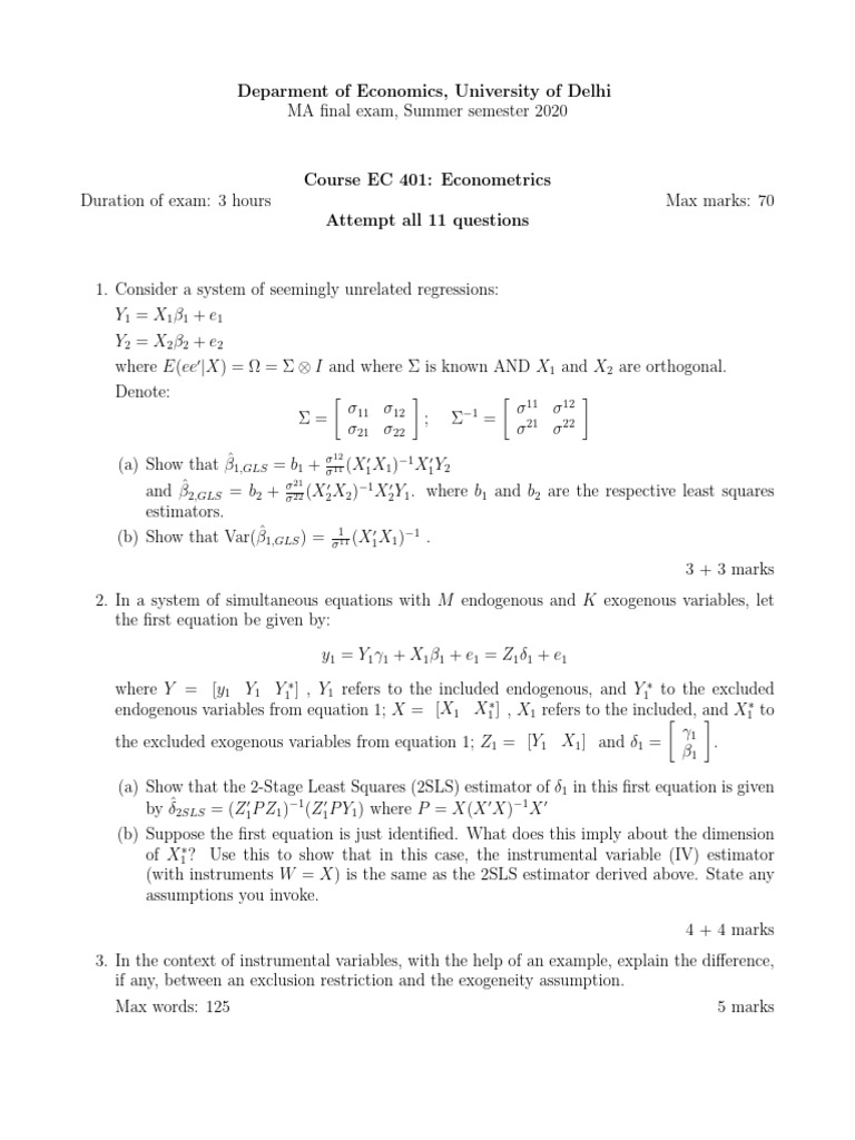 401 Endterm 2020 | PDF | Regression Analysis | Endogeneity (Econometrics)
