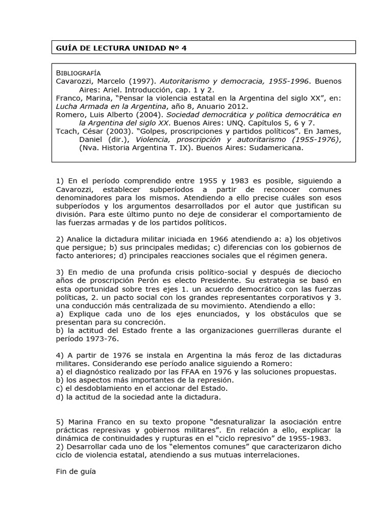GUÍA DE LECTURA UNIDAD #4 H | Descargar gratis PDF | Argentina | Democracia