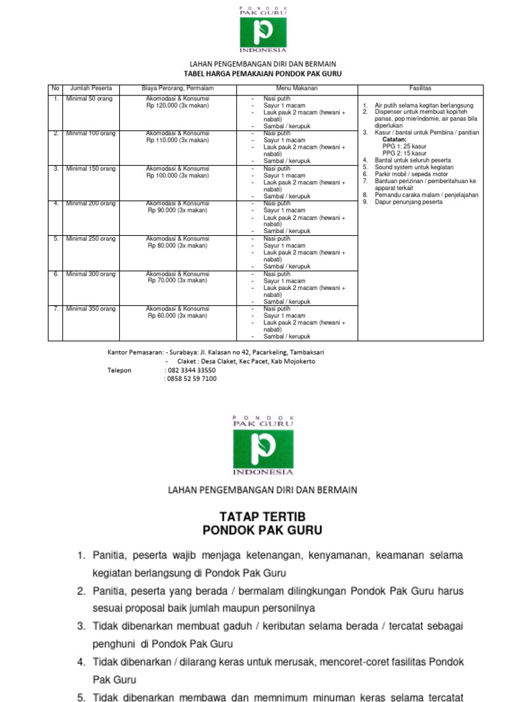 Harga dan Fasilitas Pondok Pak Guru | PDF