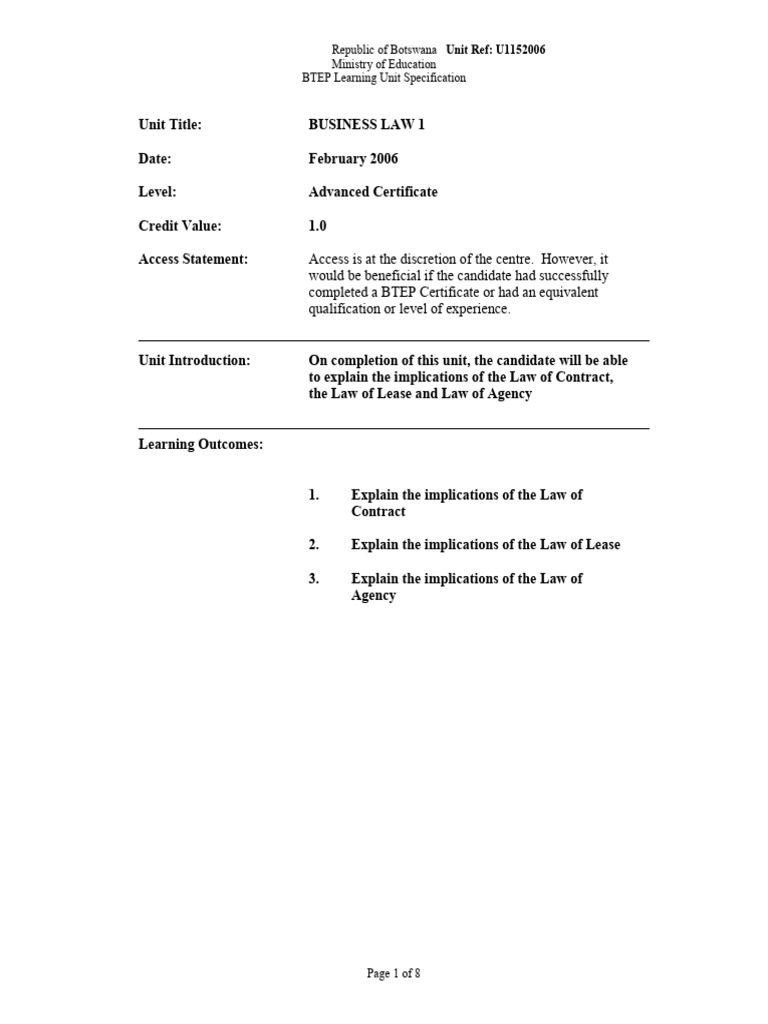 Business Law Unit Specification | PDF | Lease | Justice