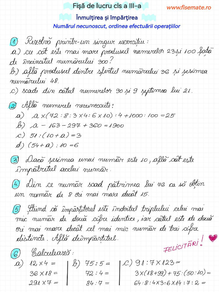 Fisa de Lucru NR 1 Inmultirea Si Impartirea Clasa 37746 | PDF