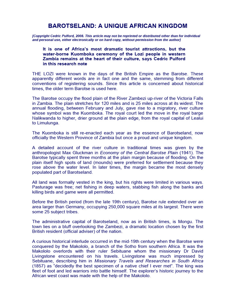 Barotseland A Unque African Kingdom | PDF