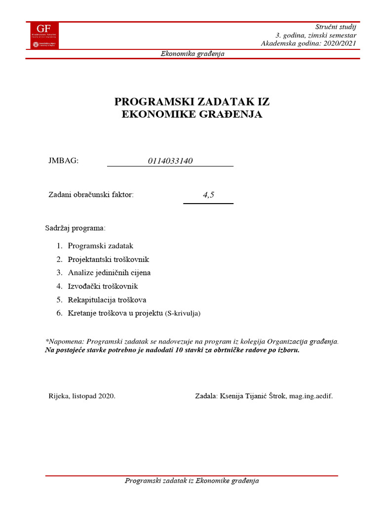 Programski Zadatak Ekonomika Gradjenja Vita Veljačić | PDF