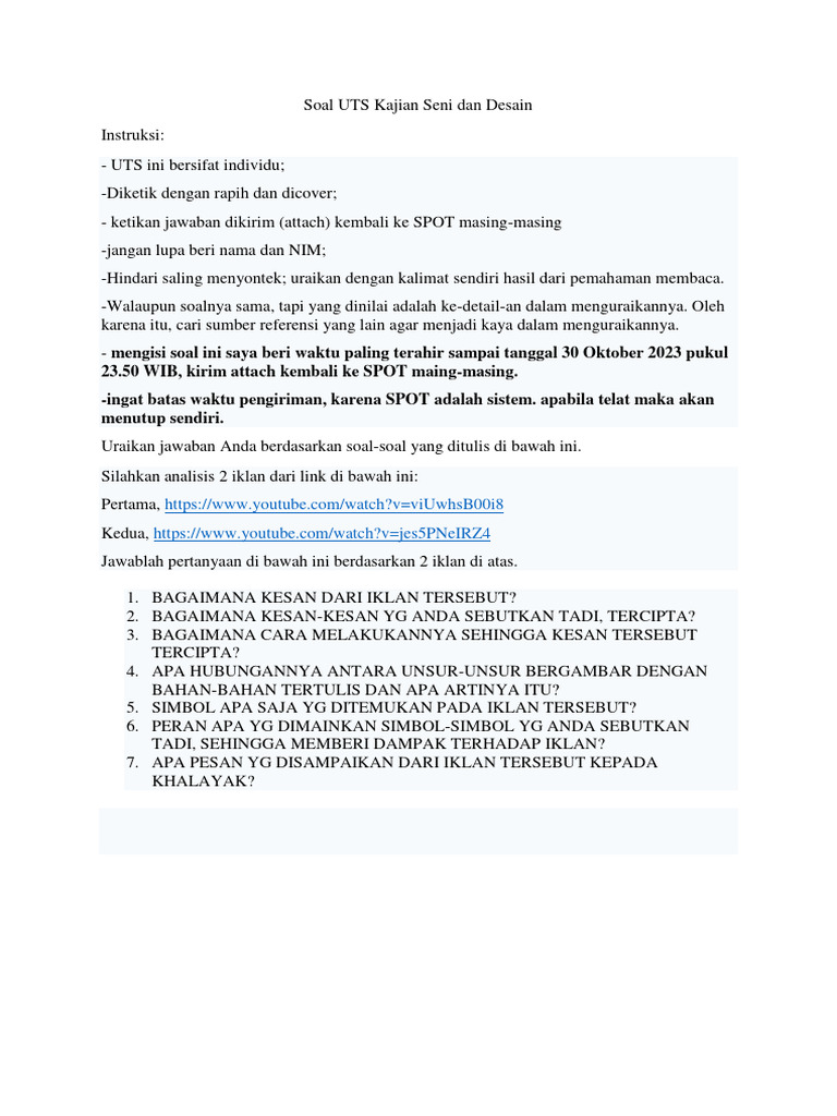 Soal UTS Kajian Seni Dan Desain 2023 | PDF