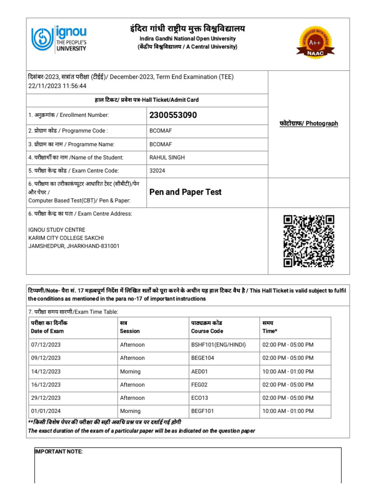 IGNOU December-2023 - HALL TICKET - ADMIT CARD | PDF
