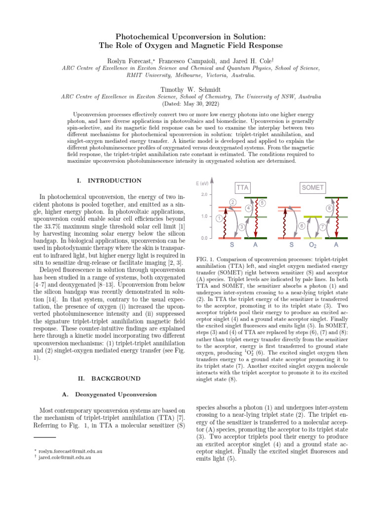 Photochemical Upconversion in Solution The Role of Oxygen and Magnetic ...