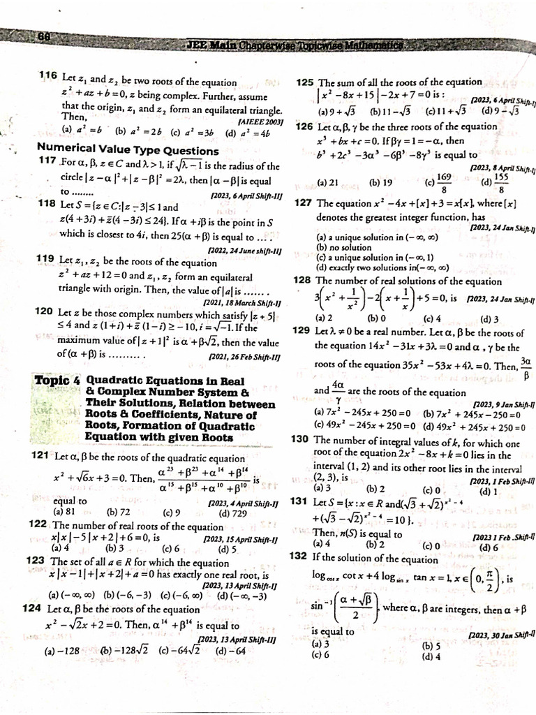 Quadratic Equations Pyq Questions | PDF