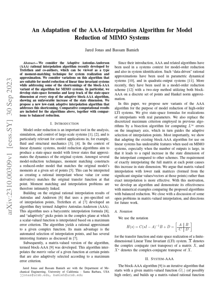 An Adaptation of The AAA-Interpolation Algorithm For Model Reduction of MIMO Systems | PDF ...