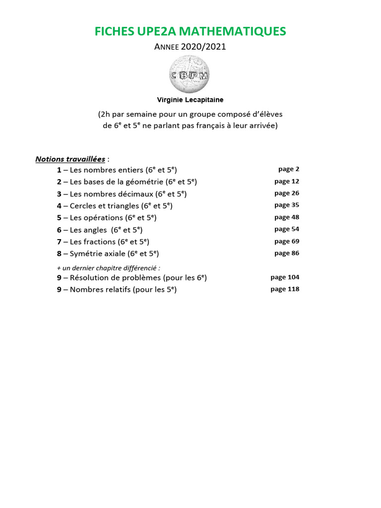 Fiches Maths UPE2A - 6e-5e | PDF | Entier naturel | Objets mathématiques