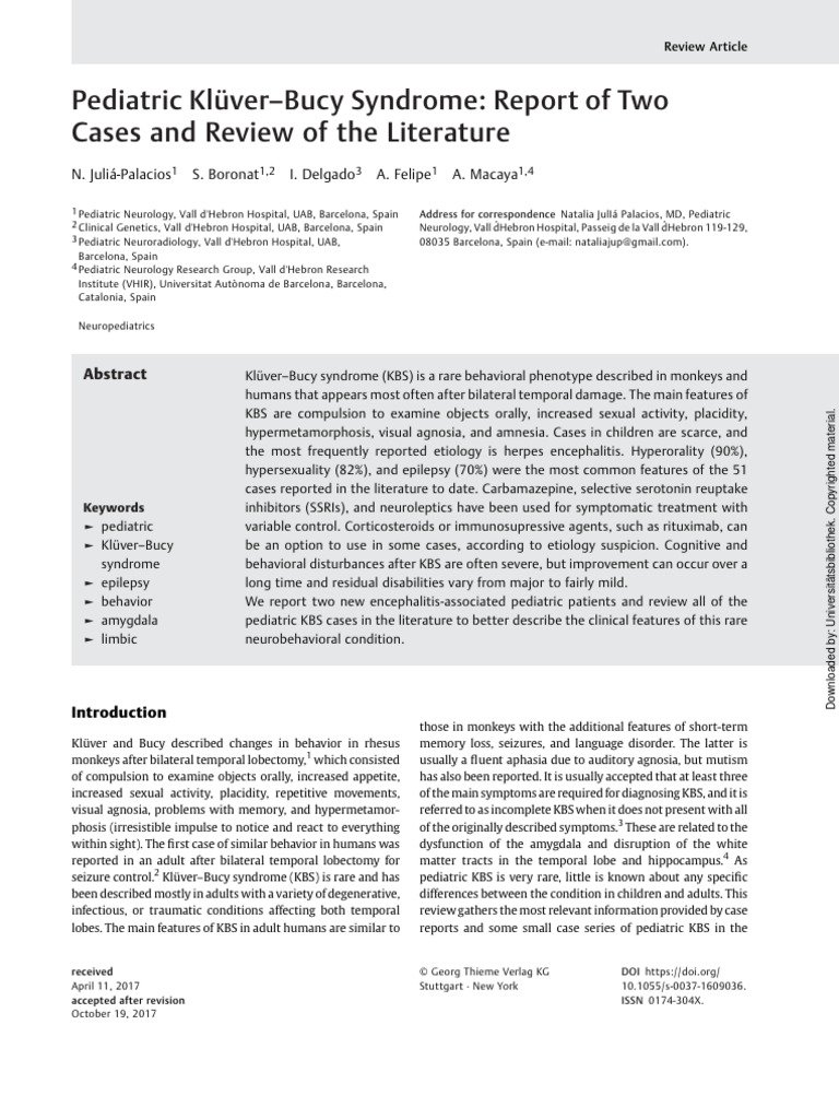 Pediatric Klüver-Bucy Syndrome Report of Two | PDF | Temporal Lobe ...