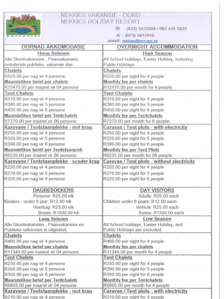 2019 - 2020 Nekkies Resorts Tariewe | PDF