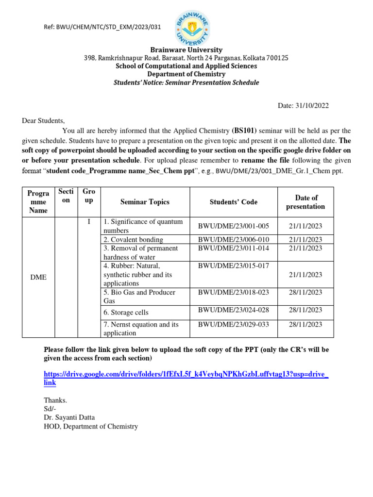 Notice - Seminar On BS101 - DME - Odd Sem-2023-24 | PDF | Microsoft Power Point | Computing