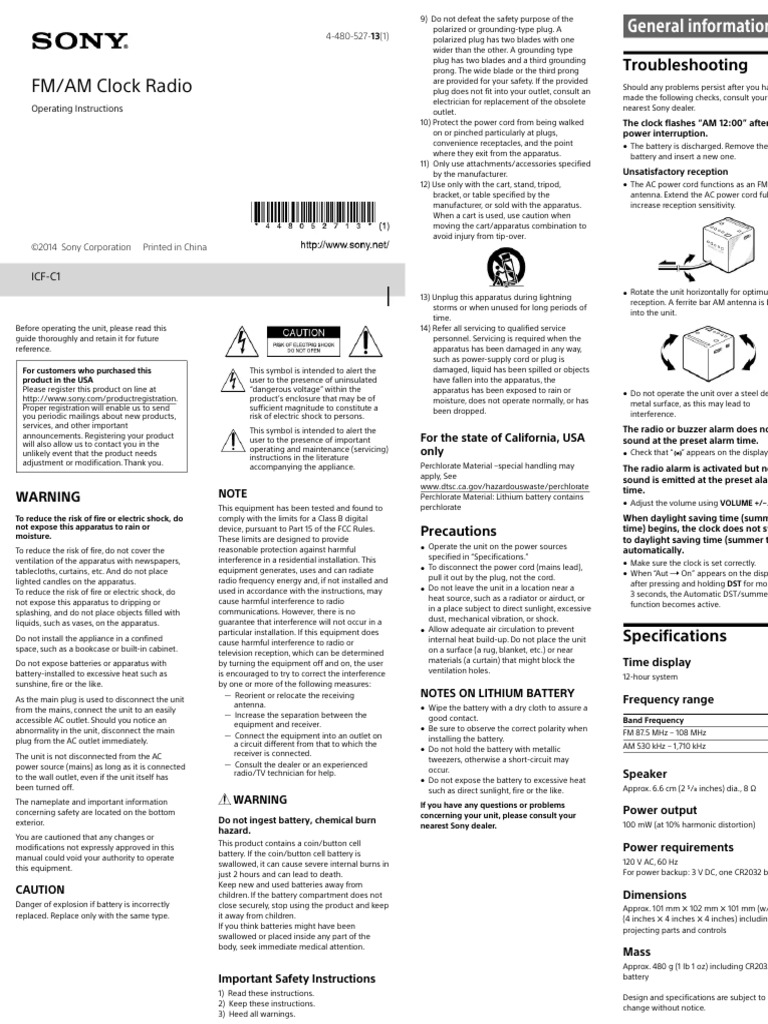 Sony ICF-C1 Clock Radio Manual | PDF | Manufactured Goods | Electricity