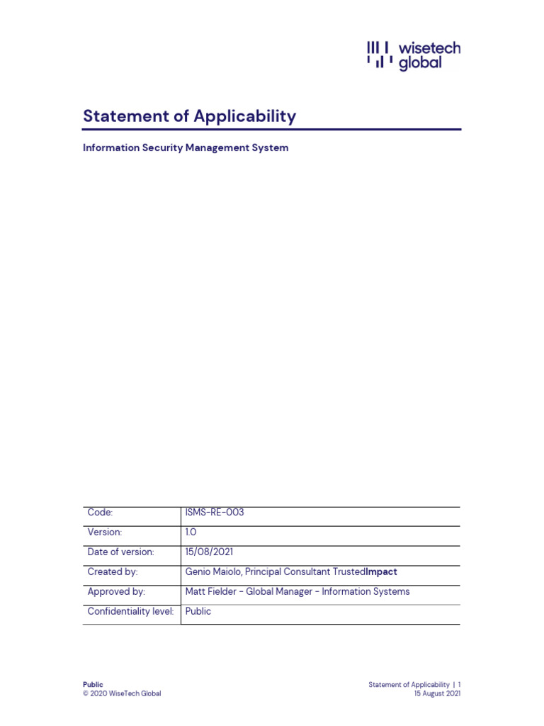 WTG - Statement of Applicability | PDF | Information Security | Information