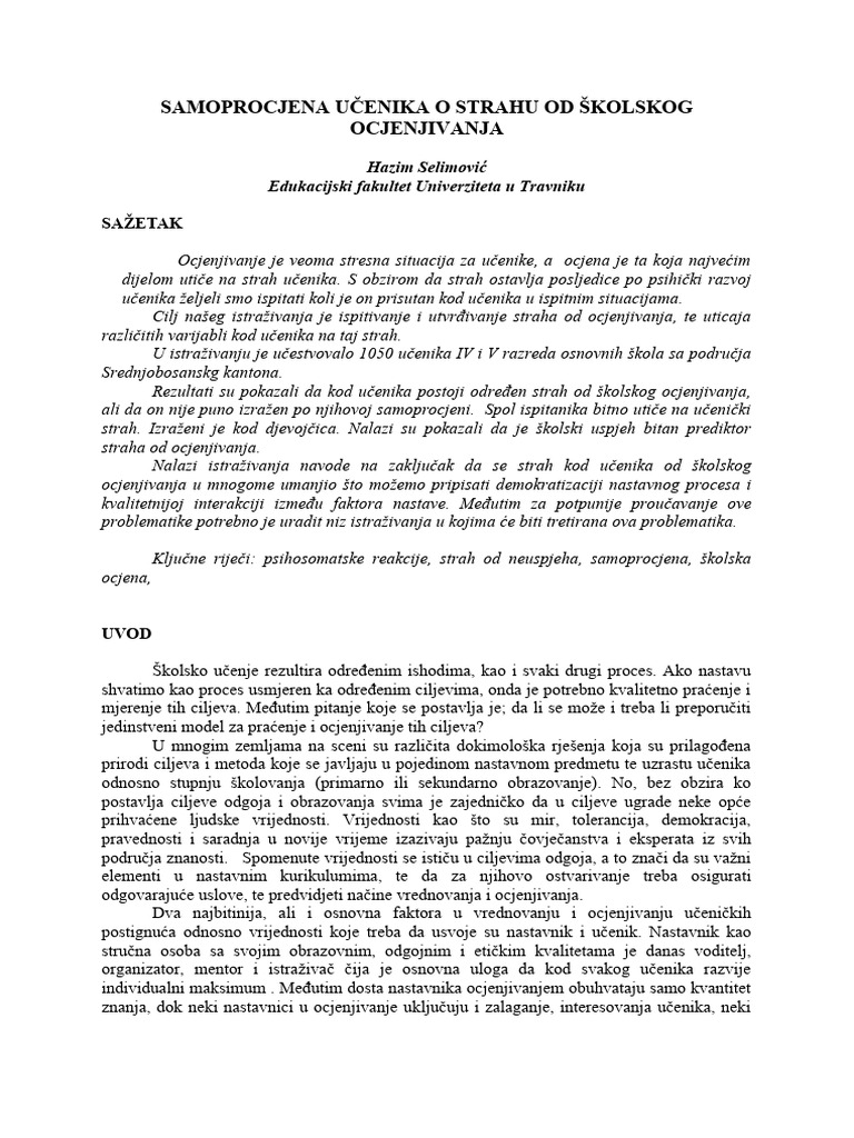 Strah Učenika Od Školskogo Ocjenjivanja | PDF