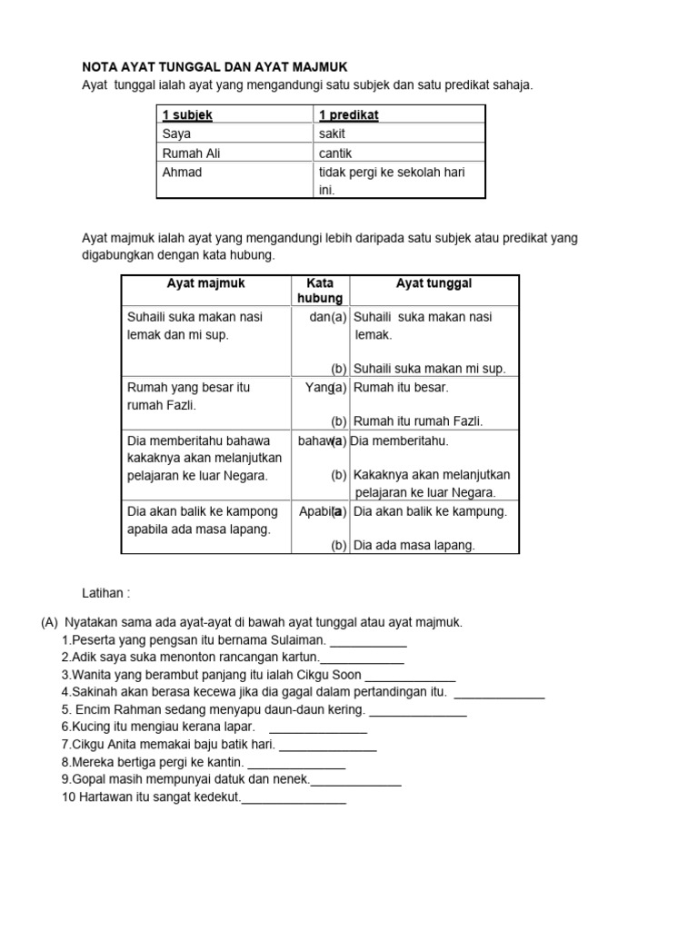 Nota Ayat Tunggal Dan Ayat Majmuk | PDF