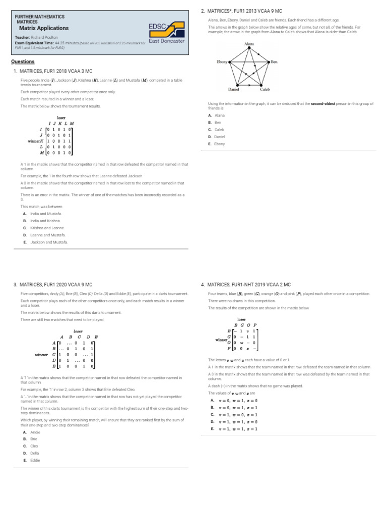 Matrices WS7 - Ex7F Dominance | PDF | Matrix (Mathematics) | Tournament