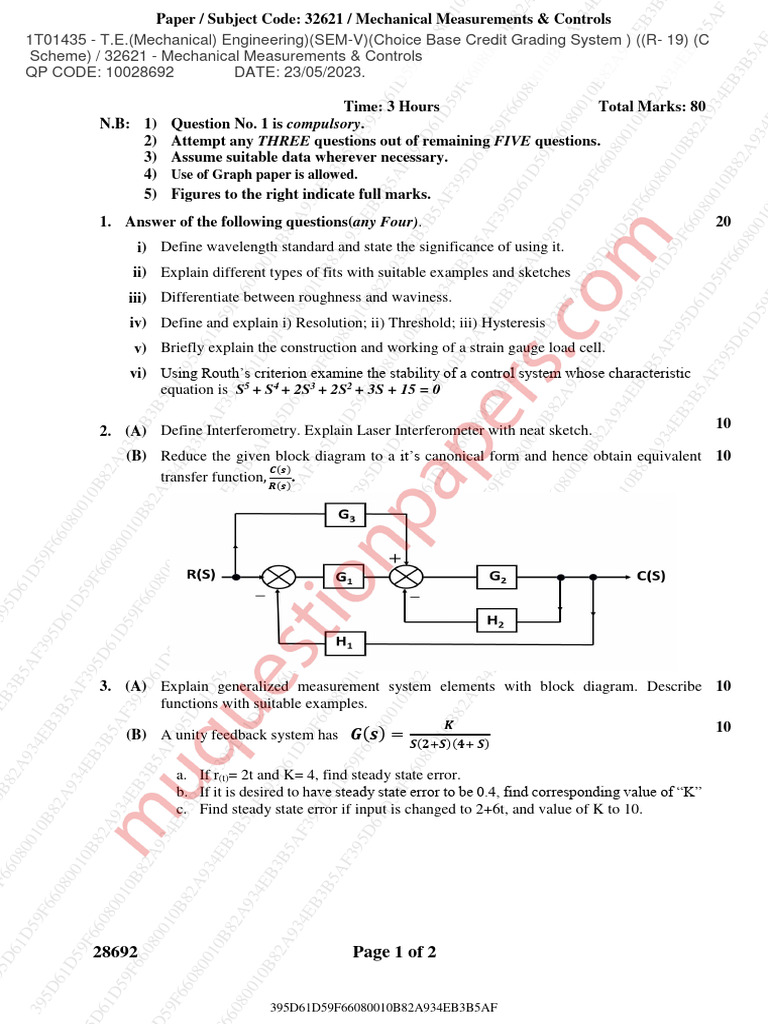 Be - Mechanical Engineering - Semester 5 - 2023 - May - Mechanical Measurements and Controlsrev ...
