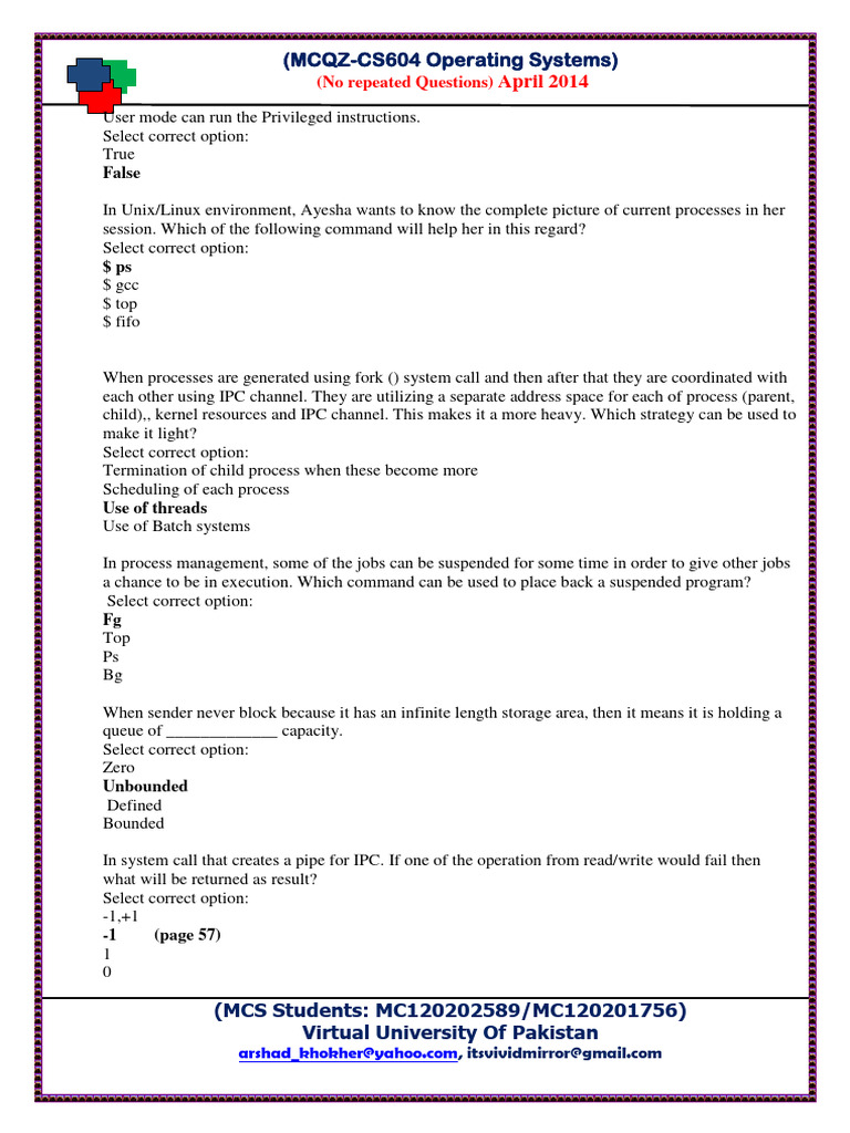 cs604 Quiz | PDF | Process (Computing) | Operating System