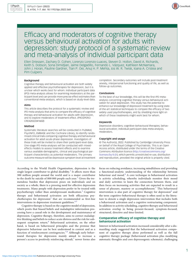 Efficacy and Moderators of Cognitive Therapy Versus Behavioural Activation For Adults With ...