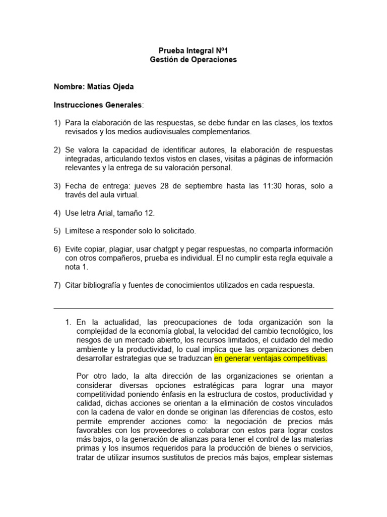 Prueba Integral Nº1 Matias Ojeda | PDF | Cadena de valor | Economias