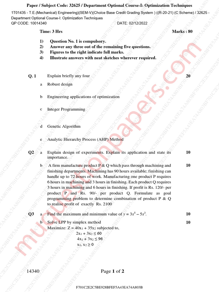 Be - Mechanical Engineering - Semester 5 - 2022 - December - Optimization Techniquesrev 2019 C ...