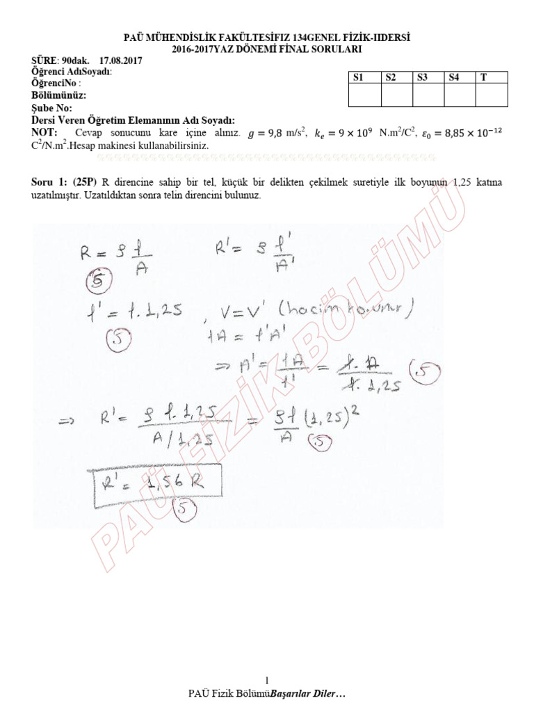 2016 Yaz Final GenFizikII InsaatMuh | PDF