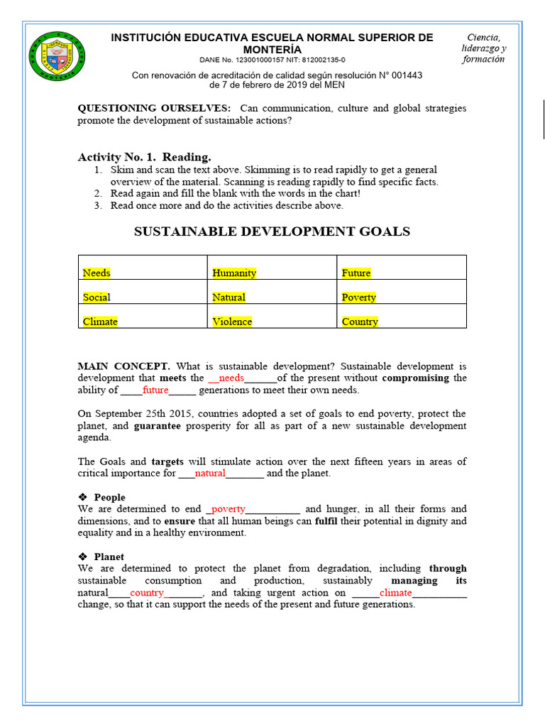 ACTIVITY NO. 1 United Nations Goals | PDF | Sustainability | Natural ...