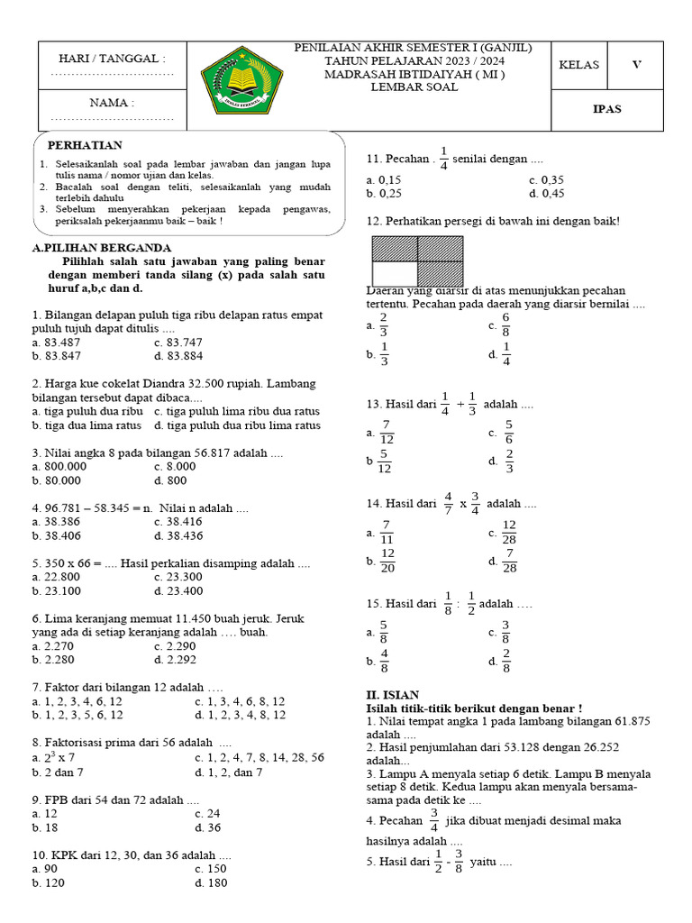 Soal PTS-STS Matematika Kelas 5 Semester 1 Kurikulum Merdeka T.A 2023 ...