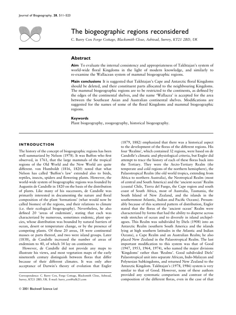 1 - Barry Cox - The Biogeographic Regions Reconsidered | PDF ...