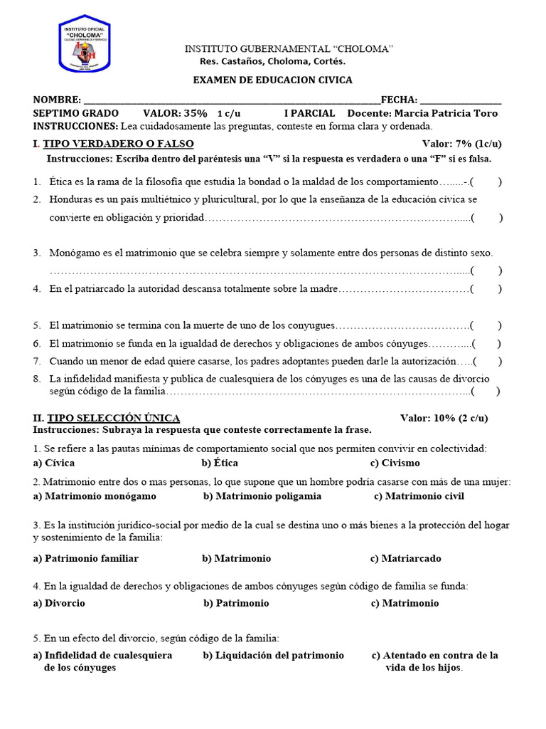 Examen 7mo Educacion Civica 2023 IGCH | PDF | Familia | Matrimonio