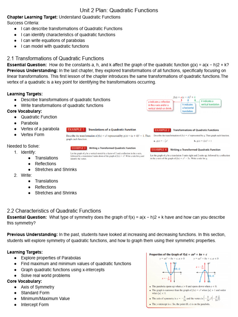 Unit 2 Plan Quadratic Functions | PDF | Function (Mathematics ...