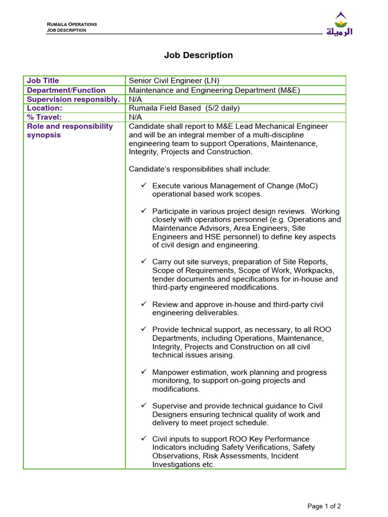 ROO Job Description SNR Civil Eng (LN) | PDF | Engineering | Engineer