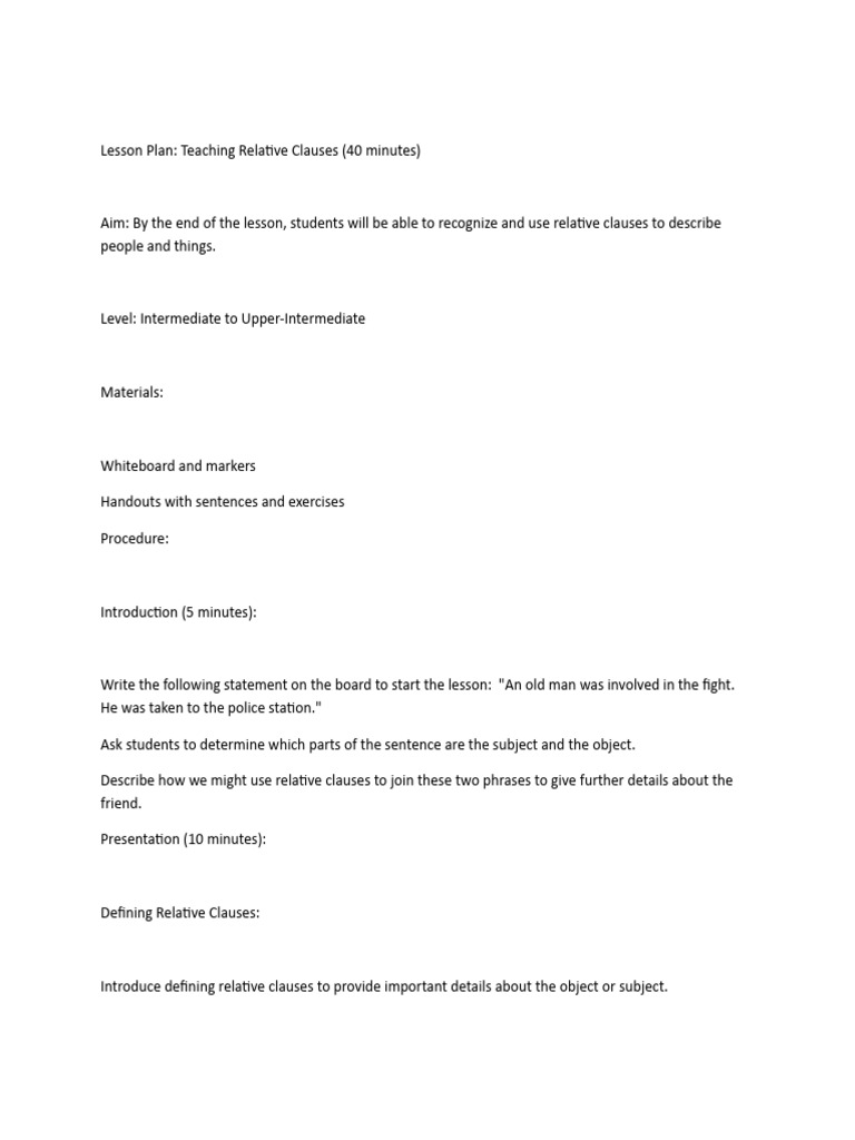 Teaching Relative Clauses Lesson Plan | PDF | Foreign Language Studies