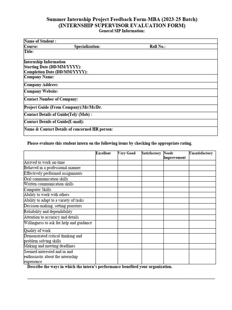 Summer Internship Project Feedback Form | PDF | Behavior Modification | Psychology