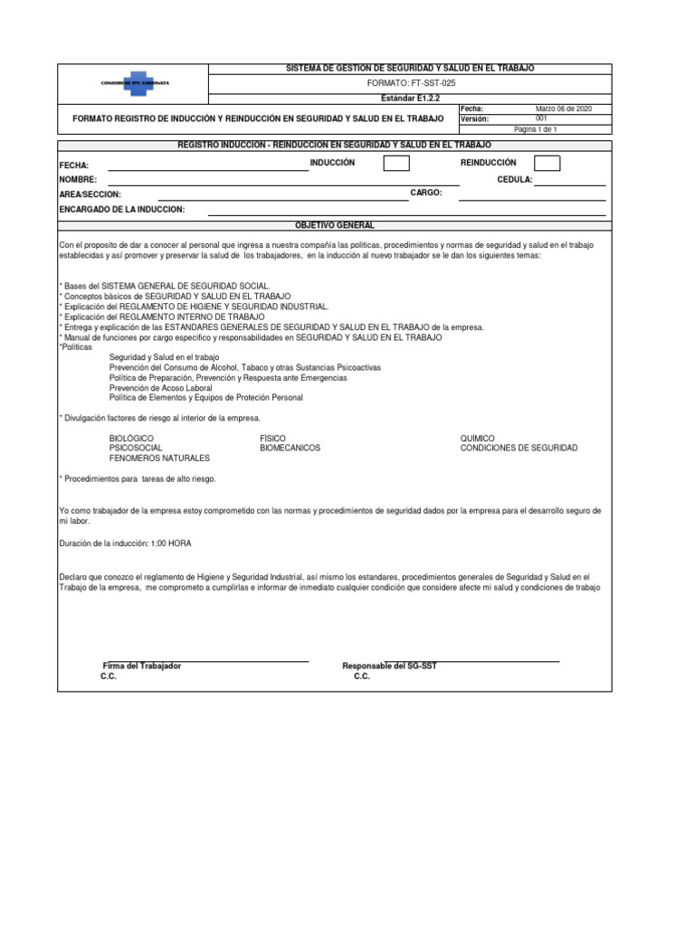FT-SST-025 Formato de Inducción y Reinducción en SST | PDF | Valores | Business