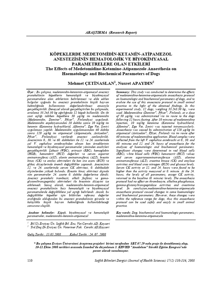 Medetomidin - Ketamin - Atipamezol Anestezisinin Hematolojik Ve ...