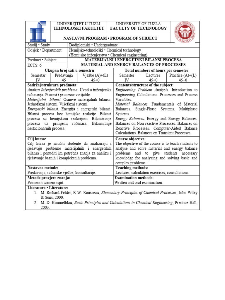 Materijalni I Energetski Bilansi Procesa 2 III HI | PDF | Physical Sciences | Engineering