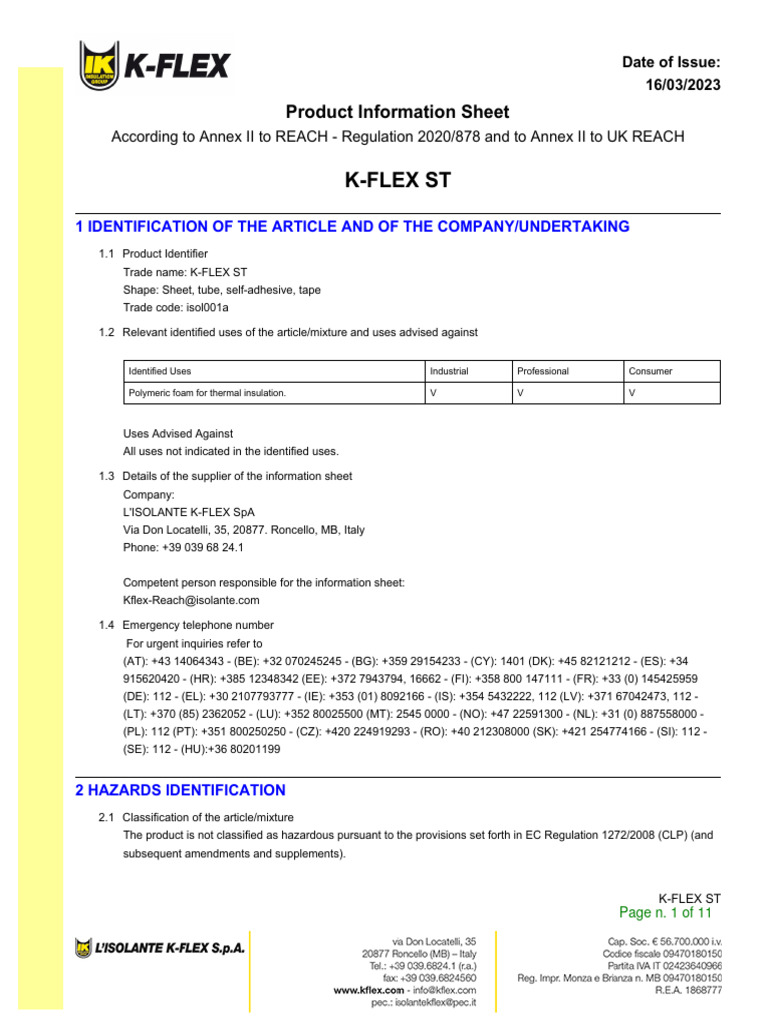 K-FLEX ST Product Information Sheet | PDF | Dangerous Goods | Hazards