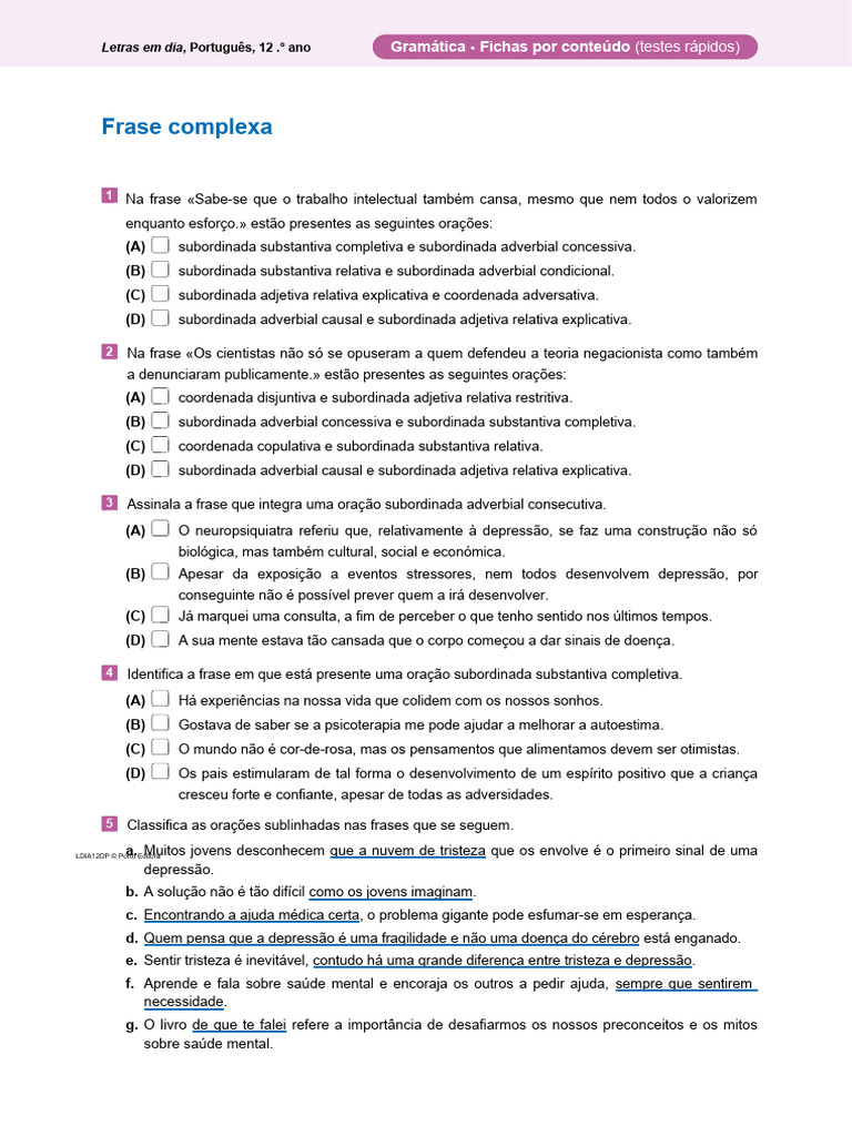 Gramatica - Frase Complexa | PDF | Depressão | Psicologia