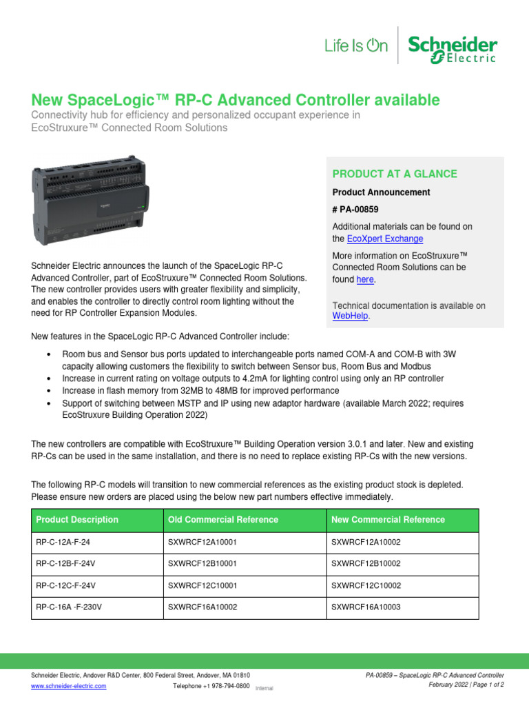 PA-00859 - SpaceLogic RP-C Advanced Controller - EcoStruxure Building | PDF | Building ...
