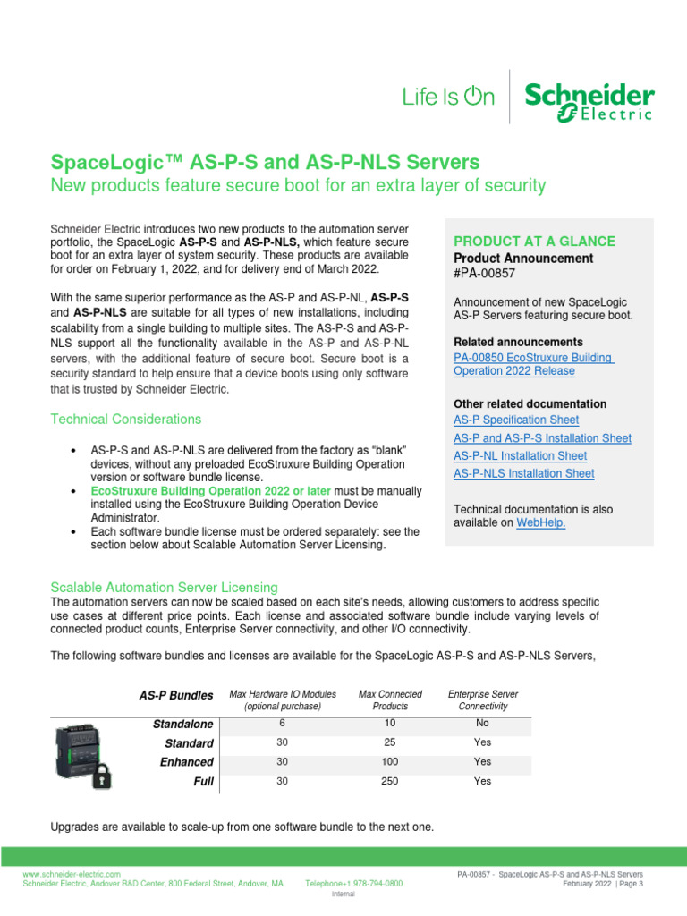 PA-00857 - SpaceLogic AS-P-S and AS-P-NLS Automation Servers ...
