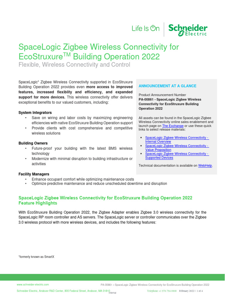 PA-00861 - SpaceLogic Zigbee Wireless Connectivity For EcoStruxure ...