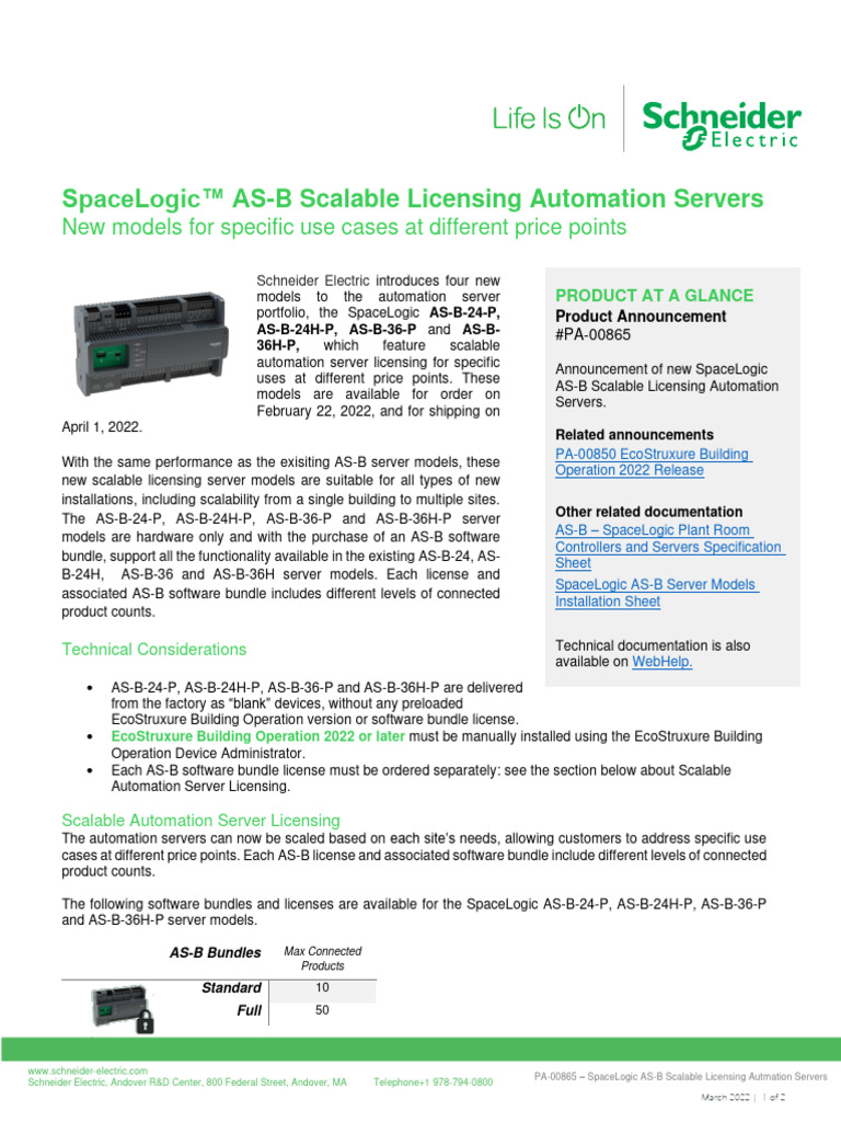 PA-00865 SpaceLogic AS-B Scalable Licensing Automation Servers ...