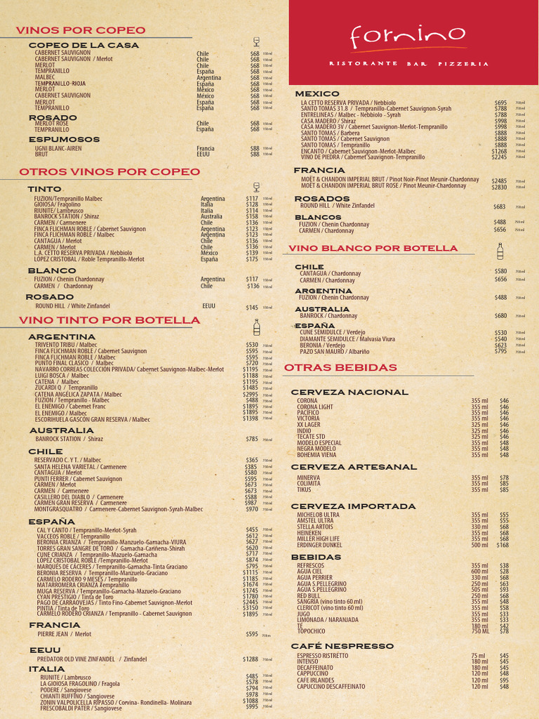 Menu Bebidas Fornino | PDF | Variedades De Uva De Vino | Vino italiano